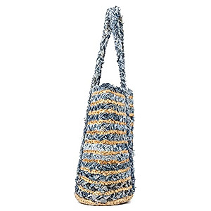 Olivia Miller Women's Fashion Ally Natural Beige w Blue Denim Straw Jute Tote Bag w Top Handles, Medium Boho Casual Purse Handbag
