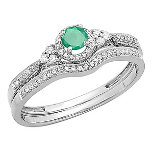 Dazzlingrock Collection 10K Round Emerald And White Diamond Ladies Halo Style Bridal Engagement Ring Set, White Gold, Size 6