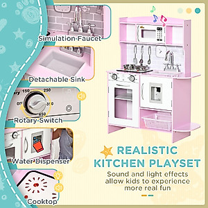 Qaba Pretend Play Kitchen Toy Set for Kids with Realistic Design, Stove Lights, Storage, Water Dispenser, for 3-6 Years Old, Pink