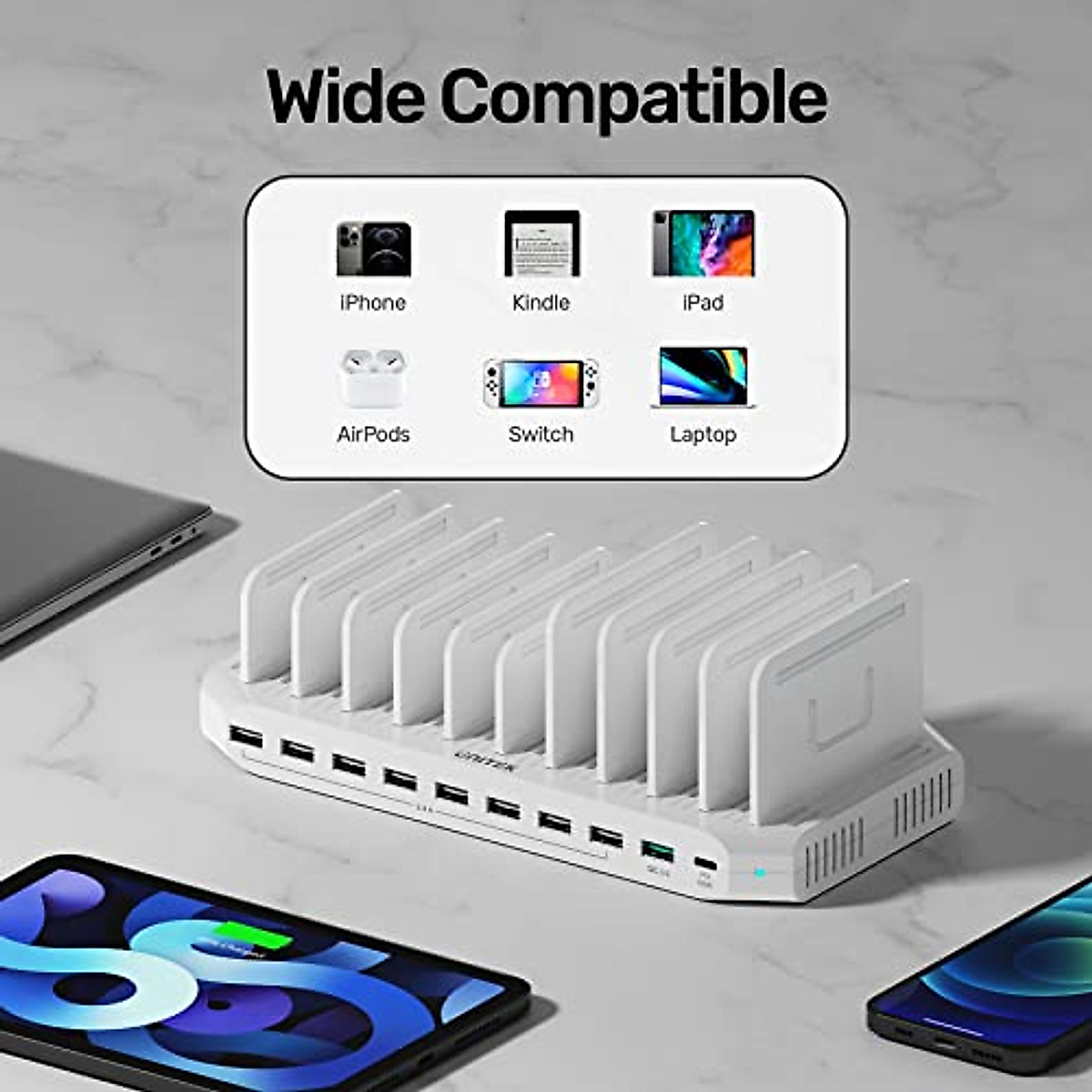 USB C PD 60W Charging Station with QC 3.0, Unitek 160W 10-Port USB Quick Charger Dock, Power Delivery Compatible with Laptop MacBook, Pixel, Upgraded Dividers