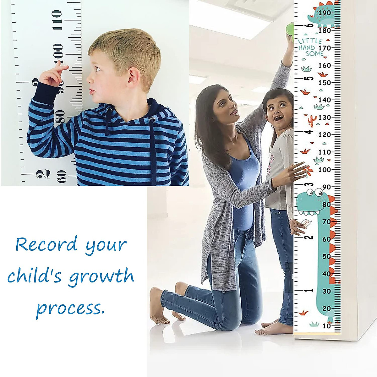 2 Pack Kids Baby Hanging Growth Chart,Hanging Ruler Wall Decor Ruler,Wood Frame Fabric Canvas Removable Height Measurement Ruler for Kids,Toddlers and Babies(Dinoaurs and Basic Styles)