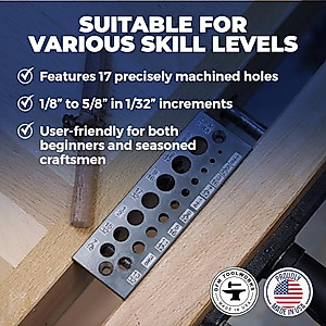 DFM Tool Works Doweling Tool - Premium Dowel Maker Tool, Versatile Dowel Plate, High-Grade A2 Steel for Woodworking, Made in USA - English 17 Holes, Multi-Size