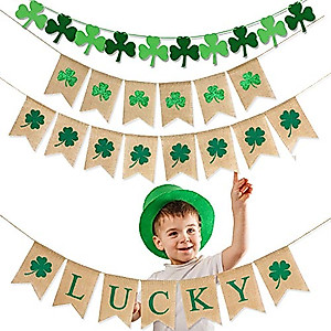 4 Pieces Burlap Lucky Banner Glitter Shamrock Banner Rustic Four Leaf Clover Banner Felt Shamrock Hanging Garland for St. Patrick's Day Decoration