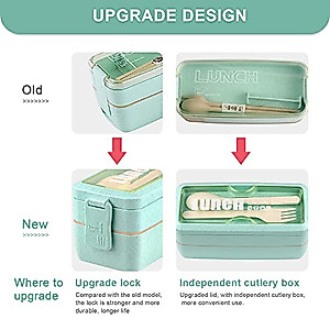 NatraProw Bento Box Adult Lunch Box with Bag, 2 layer Leakproof Lunch Box with Containers Included, BPA Free, Wheat Straw, BPA Free, Microwave Safe, Green