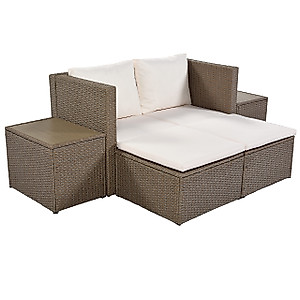 KLMM 6-Piece Outdoor Garden Furniture Set,Patio PE Wicker Rattan Conversation Sofa Set with 2 Tea Tables,for Porch Lawn Garden Backyard Poolside