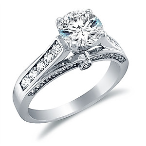 Size 10 - Solid 14k White Gold Round Brilliant Cut Solitaire with Round Side Stones CZ Cubic Zirconia Engagement Ring 1.5ct.