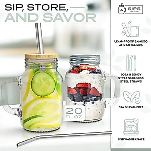 Sips Jar Club 20oz Mason Jar Mug Set of 4 with Handles, Lids, Straws & Cleaning Brush - Overnight Oats & Iced Coffee Cups
