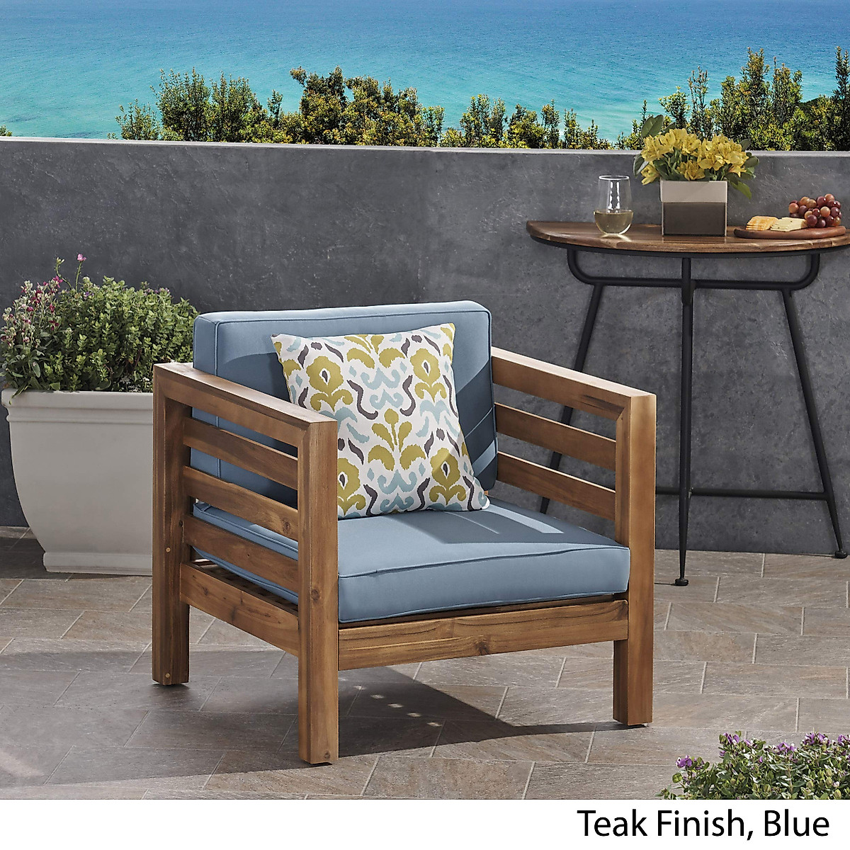 GDFStudio Outdoor Acacia Wood Club Chair with Cushion, Teak Finish and Blue