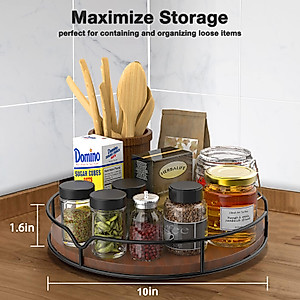 Lazy Susan Turntable Organizer with Anti-slip Mat for Cabinet Pantry Kitchen Countertop Refrigerator Office, Pine Wood, 10", Brown