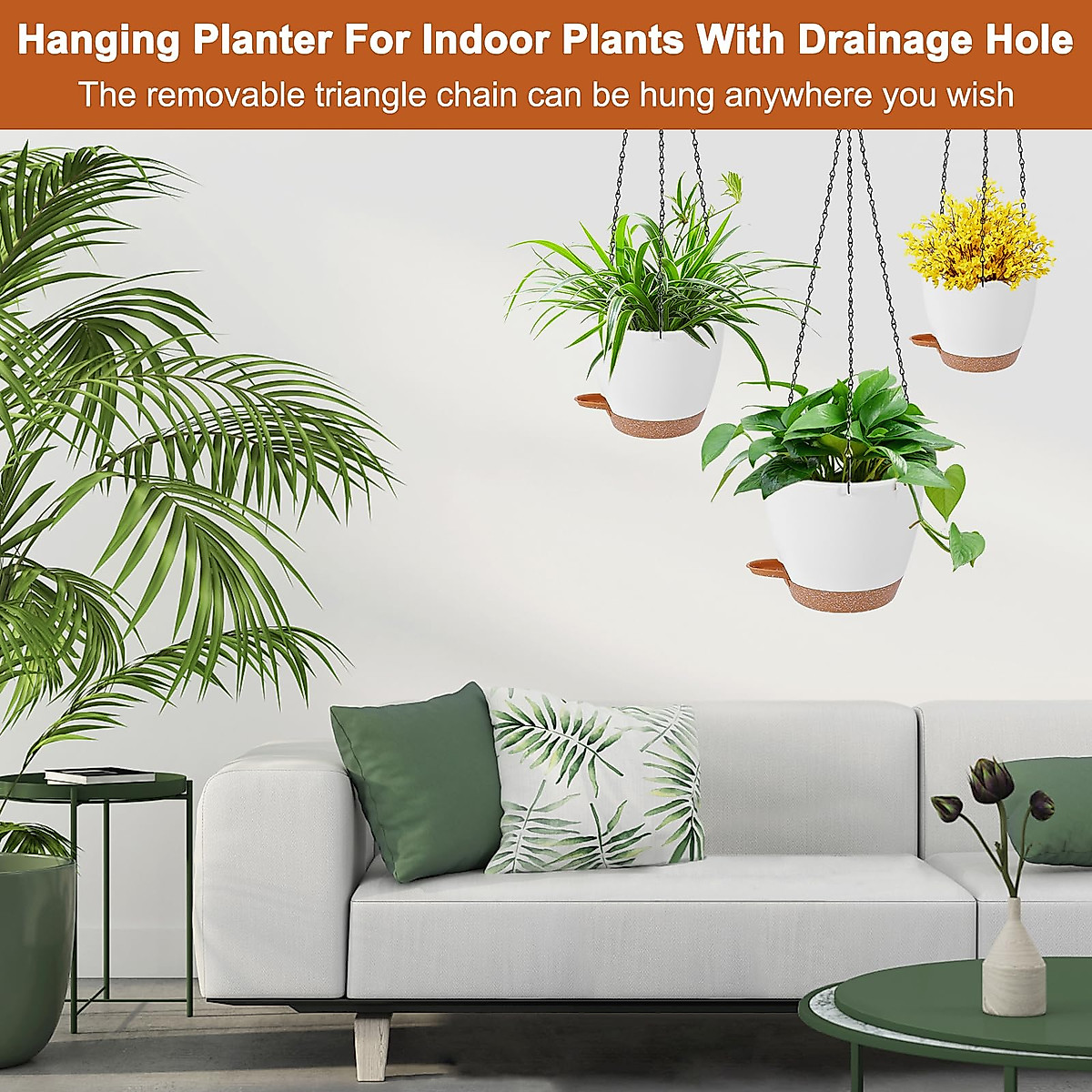 Dekosilave Hanging Planters for Indoor Outdoor Plants 3 Pack Self Watering Hanging Plant Pot 8/7.5/7 inch Hanging Flower Plant Pot, Hanging Plant Basket with Drainage Holes and Chain for Garden Home