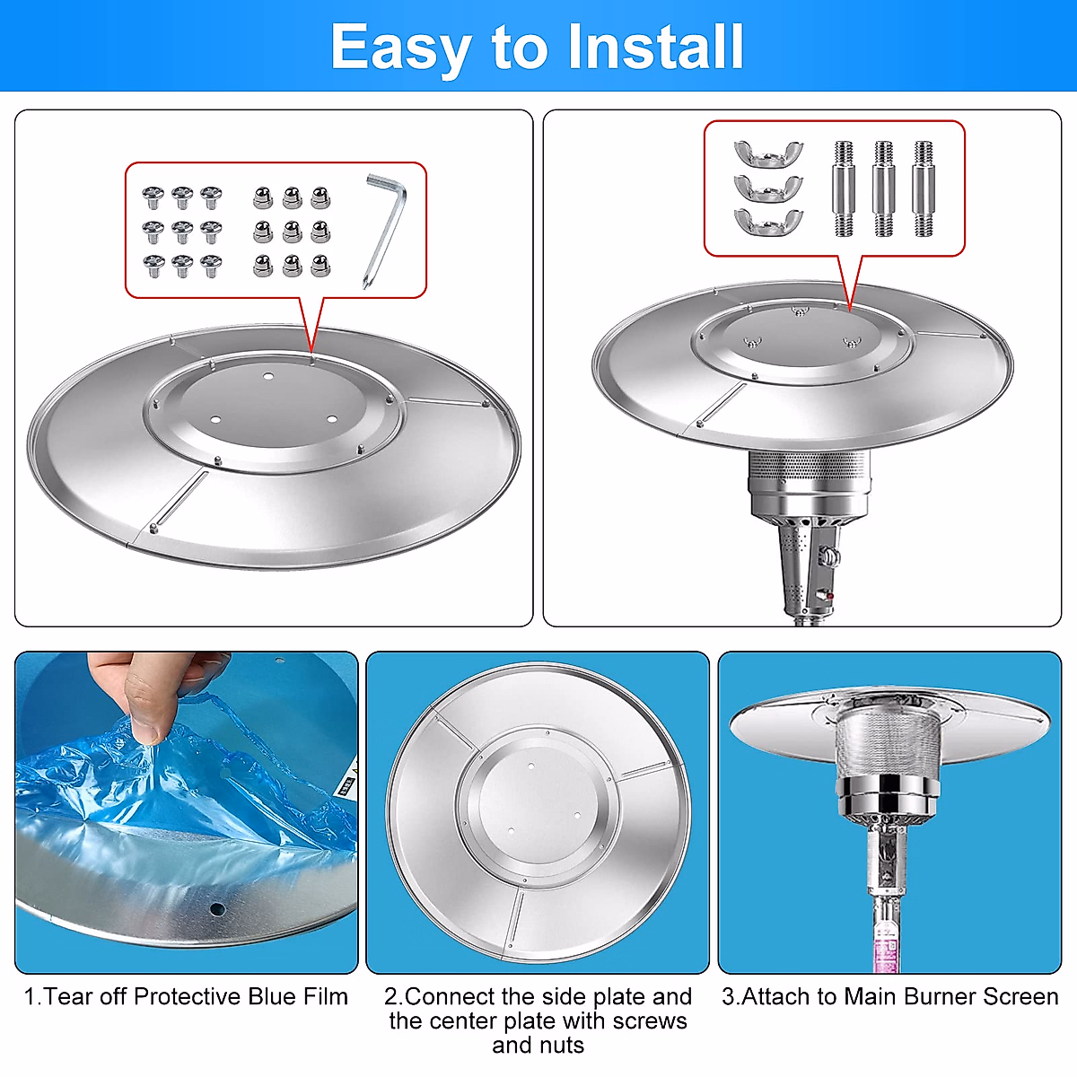 ARLBA Upgraded Outdoor Patio Heater Reflector Shield, Propane Heat Reflector Shield Top for Outdoor Heaters，Outdoor Heater Replacement Dome Part with All Hardware,33" Universal Fit(3-Hole Mount)