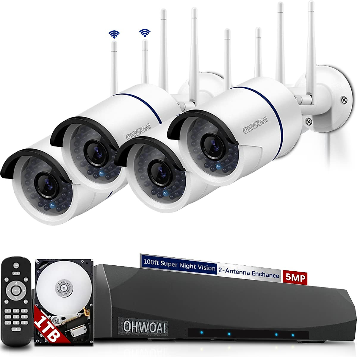 [2-Antenna Signal Enhance & 100ft Super Night Vision] Wireless Security Camera System Outdoor, 4pcs 5.0MP CCTV Camera Security System Wireless, Home Wi-Fi Video Surveillance NVR Kits for Businesses