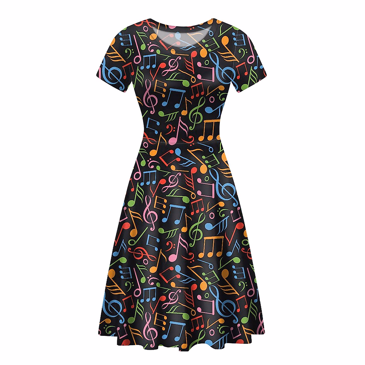 POLERO Women Lady Animal Colorful Music Notes Print Short Sleeve Summer Dress Round Neck Chic Flowy Midi Dresses Size L