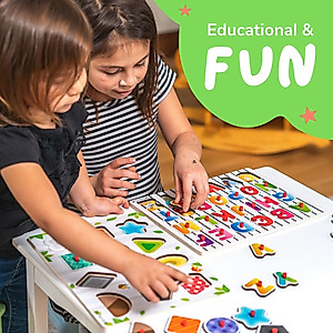 TOYVENTIVE Wooden Peg Puzzles for Toddlers – 6 Pack with Wire Puzzle Holder Rack for Kids, Learning Preschool Wood Knob Puzzle Toys for Boys and Girls - Alphabet Number Animal Vehicle Shape Fruit