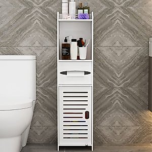 RUILOGOD Small Bathroom Storage Cabinet Doors and Shelves Narrow Bathroom Cabinet Slim Bathroom Organizer Cabinet Corner Shelf Toilet Paper Holder Stand Corner and Small Space (Widened) YSBG-01 White