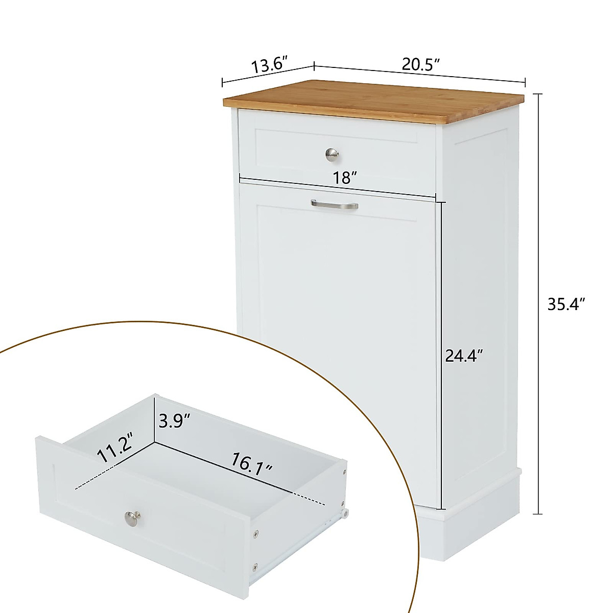 KINBOR BABY Recycling Tilt Out Trash Cabinet - Trash Bin Cabinet for Kitchen with Drawer and Removable Bamboo Cutting Board, White