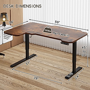 Sileye Electric L Shape 59 Inches Standing Desk, Height Adjustable Sit Stand Up Computer Table, Large Modern Smart Ergonomic Home Office Workstation with Splice Board Rustic Brown Top + Black Frame