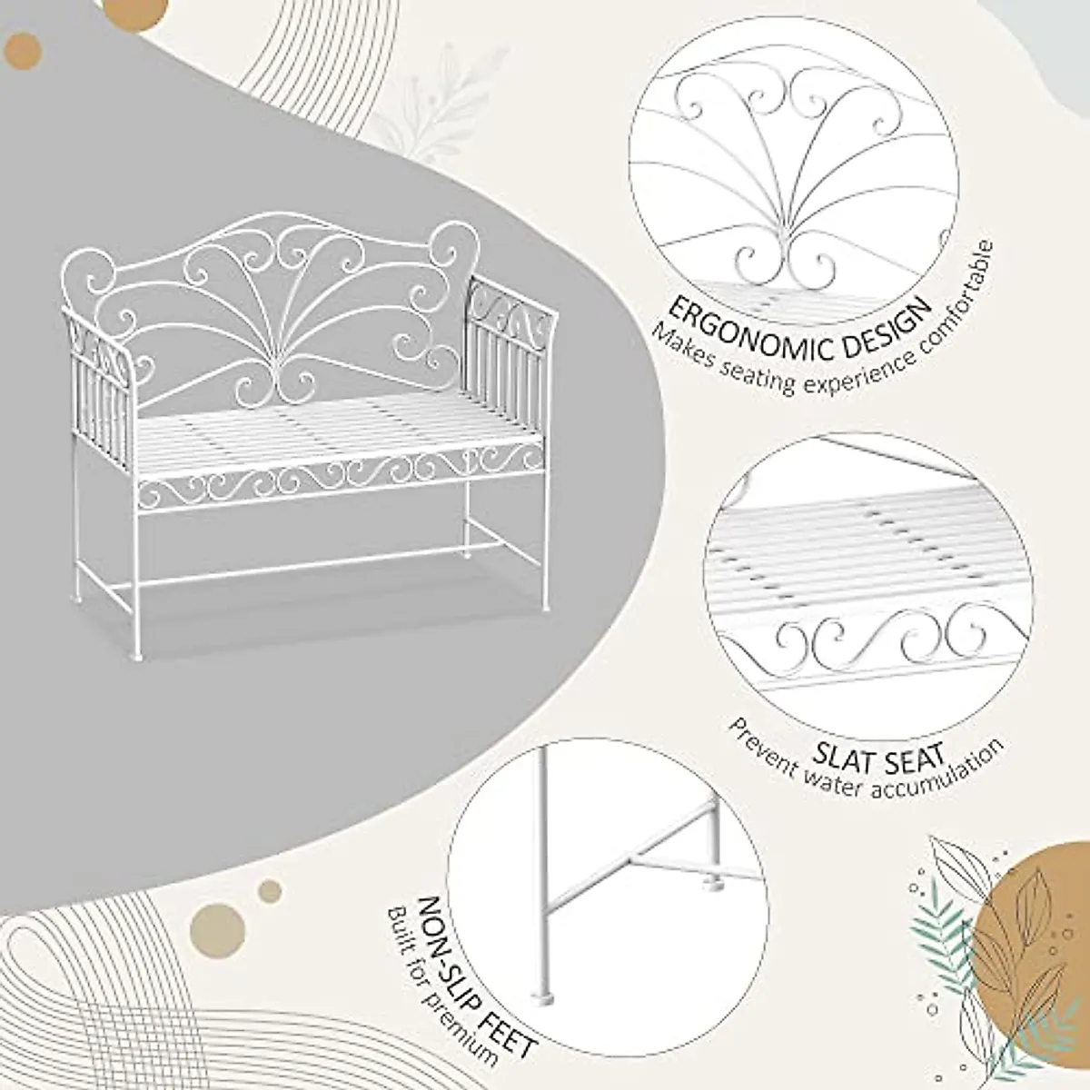 Outsunny 43" Cast Iron Antique Outdoor Patio Garden Bench Seat - Cream White