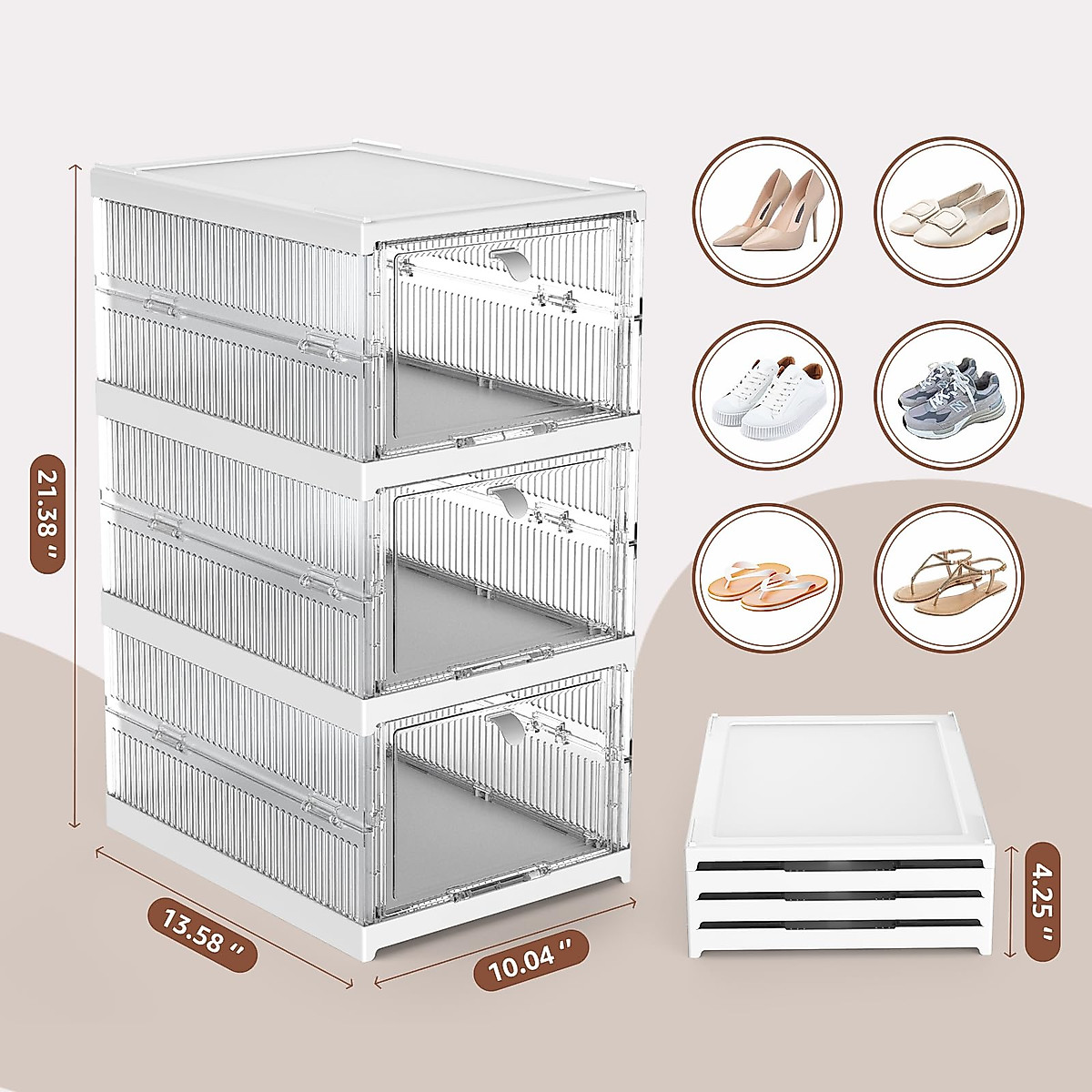 BoxLegend Shoe Storage, Shoe Boxes 3 Tiers Foldable Shoe Storage Boxes Space-saving Clear Sneaker Boxes Stackable Installation-free