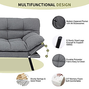 MUUEGM Futon Sofa Bed,Futon Bed,Memory Foam Futon Sofa,Convertible Sofa Bed for Compact Living Spaces,Apartment,Studio,Office,Futon Sofa,71"*33"*31.5",Light Gray Fabric