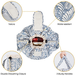 Barrel Drawstring Makeup Bag Large Cosmetic Bag Make up Bags Toiletry Organizer for Women (Blue Leaf) (Patent Pending)