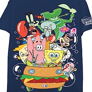 Mens Spongebob Squarepants Classic Shirt - Spongebob, Patrick & Krusty Krab, Plankton and Squidward T-Shirt (Navy, Small)
