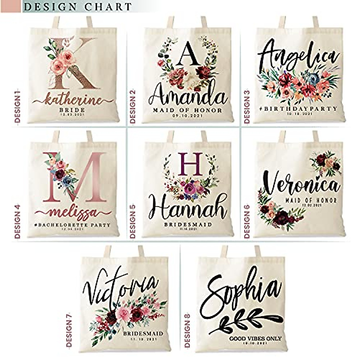 Generic Personalized Wedding Tote Bags Gift, Bride - Customized Floral Women Bag Custom Funny Beach Travel Grocery Bridesmaid Bachelorette Party Accessories Gifts C2, Beige, Single