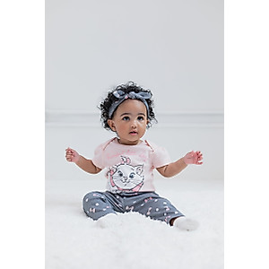 Disney The Aristocats Marie Newborn Baby Girls Bodysuit Pants and Headband 3 Piece Outfit Set Gray/Pink 0-3 Months