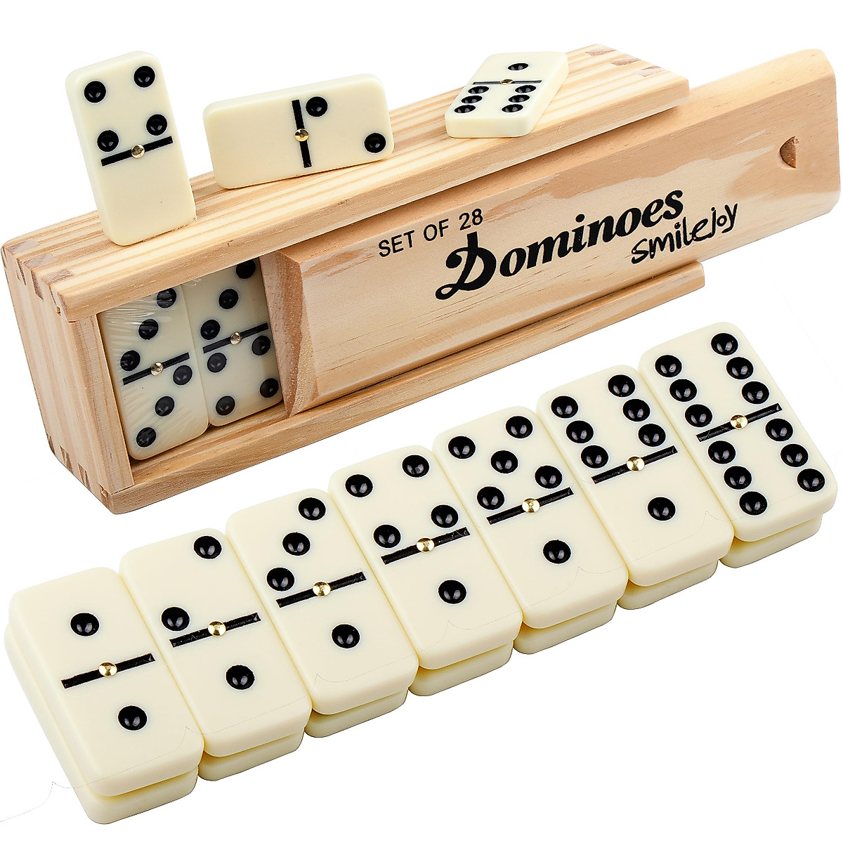 Smilejoy Dominoes Set for Adults, Domino Set for Classic Board Games,Double 6 Domino Game Set 28 Pieces with Wood Case (2 Players)