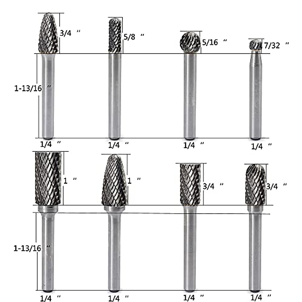 Carbide Burr Set 8pcs JESTUOUS 1/4 Inch Shank Diameter Double Cut Rotary Files Metal Grinding Polishing Carving Tool Drill Bits for Die Grinder Kits
