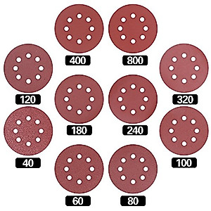Swpeet 100 Pcs Sanding Discs Sandpaper Hook and Loop Pads for Circular Sander Grits Sanding Sheets 10 Sizes - 40/60 / 80/100/ 120/180 / 240/320 / 400/800 Grits
