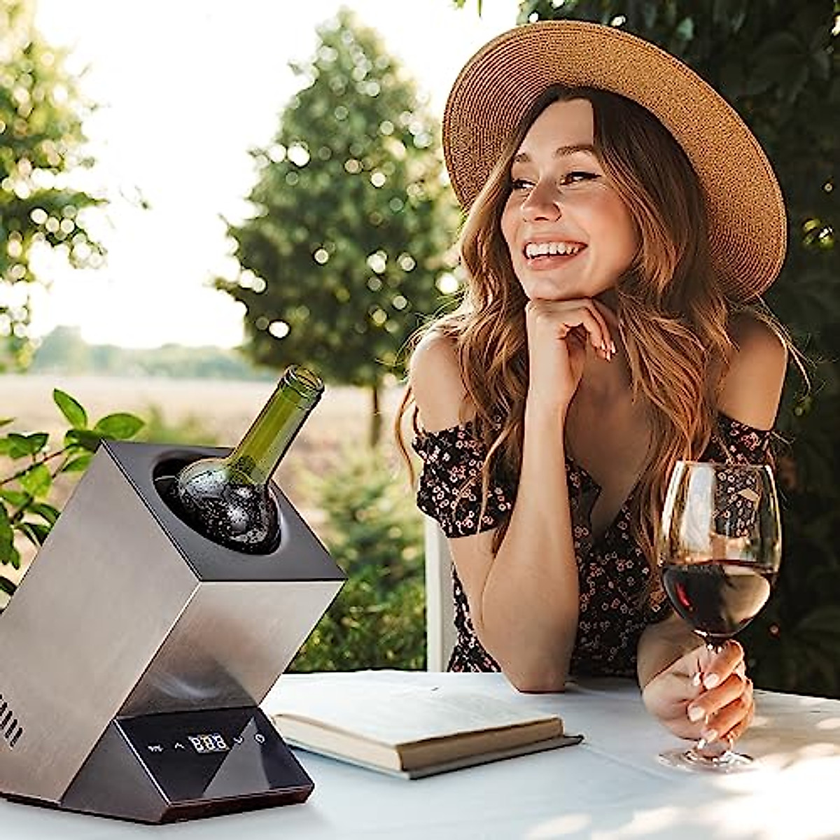 Wine Cooler, Electric Wine Chiller for 750mL Wine and Some Champagne Bottles, Single Bottle Wine Cooler Keep Cold Up to 24 Hours, Portable Outdoor Iceless Chiller for Patio Poolside Picnic BBQ Party