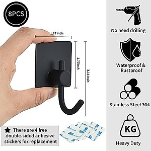 Adhesive Wall Hooks, Matte Black Stainless Steel Coat Hook, Heavy Duty Waterproof Towel Hooks for Hanging, Self-Adhesive Robe Shower Hooks, Bedroom Bathroom Kitchen Wall Mount Hooks - 8 Pack