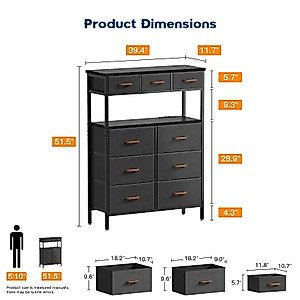 AODK Dresser with Charging Station, 52 Inches Tall Dresser for Bedroom with 9 Storage Drawers, Large Fabric Dressers for Hallway, Dark Grey