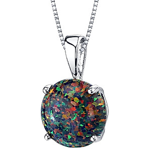 PEORA 14K White Gold Created Black Fire Opal Pendant for Women, Classic Solitaire, 1 Carat Round Shape 8mm, AAA Grade
