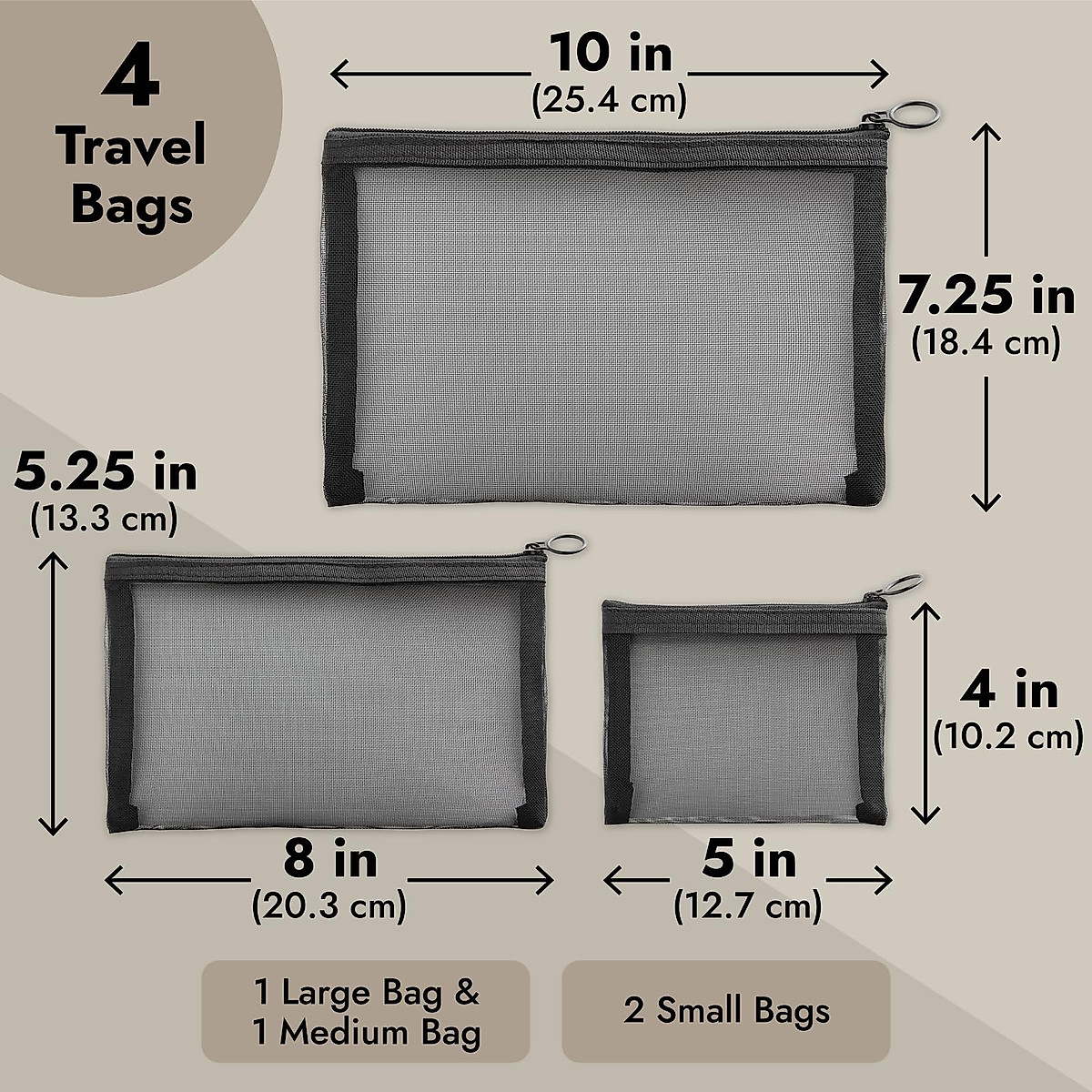 Glamlily Mesh Makeup Bag Set of 4, Travel Zipper Pouch for Cosmetics (Black, 3 Sizes)