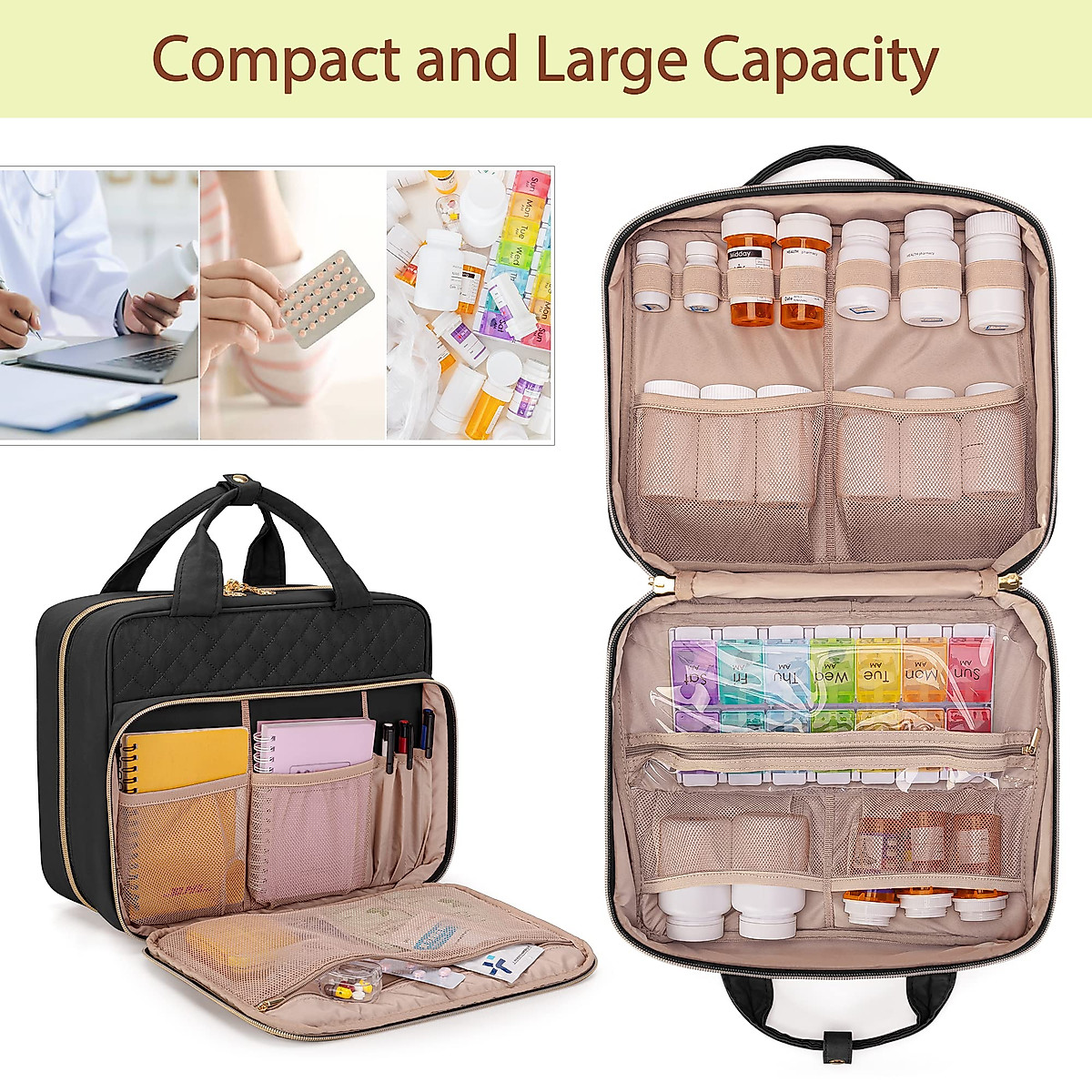 Damero Pill Bottle Organizer, Travel Medicine Bag Organizer, Medicine Organizer and Storage for Pills, Vitamin, Fish Oil, Medical Supplements for Women and Men, Black