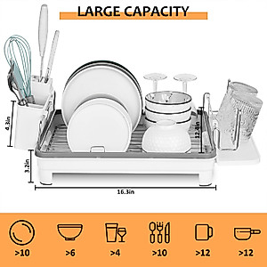 Claosmlda Dish Drying Rack, Dish Rack with Removable Utensil Holder, Multifunctional Stainless Steel Dish Racks for Kitchen Counter with Drainboard and Swivel Spout for Various Kitchenware(White)