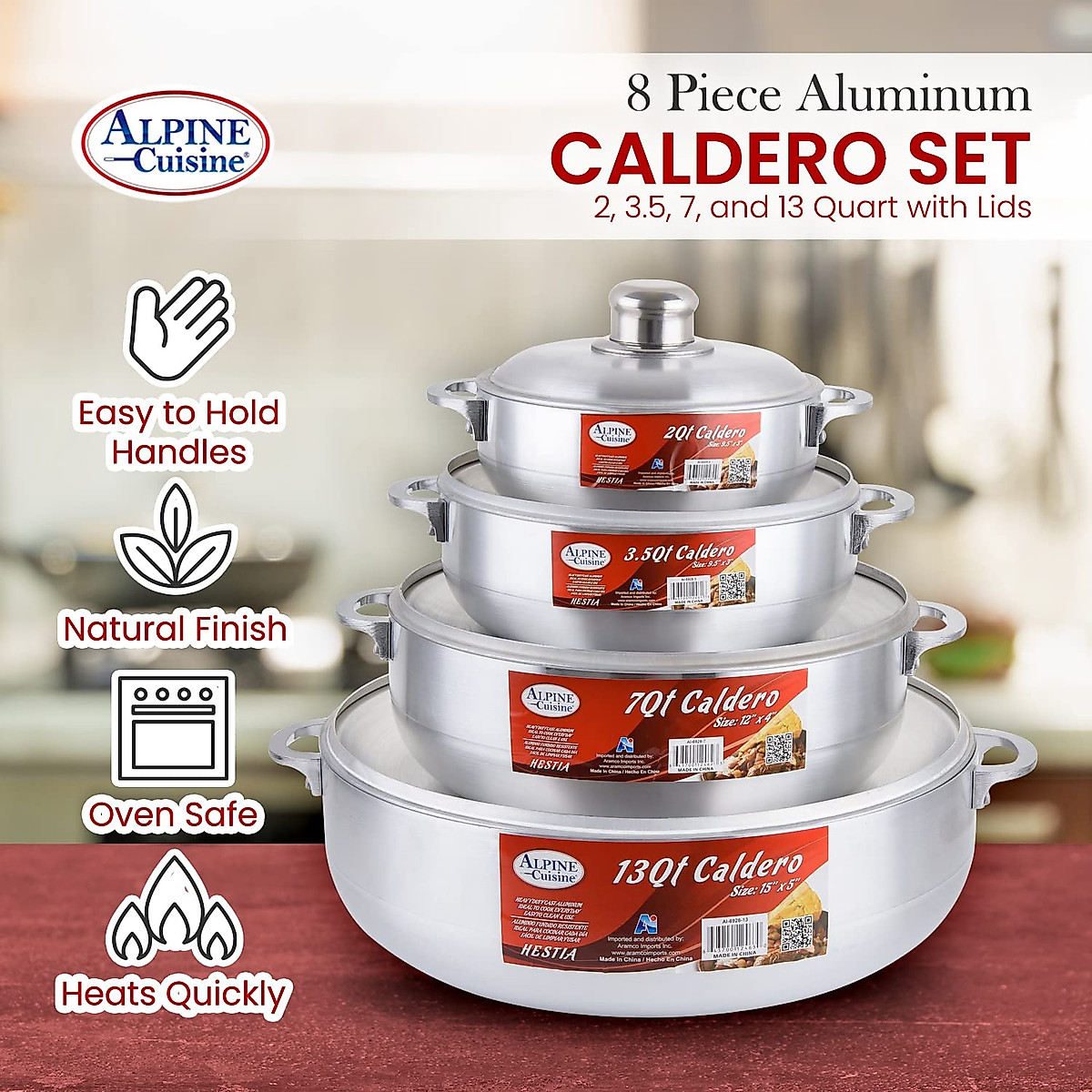 Alpine Cuisine Aluminum Caldero Stock Pot Set (2/3.5/7/13 Quart), Cosine Cooking Dutch Oven, Serve Large & Small Groups, Riveted Handles, Commercial Grade (8 Piece Set)