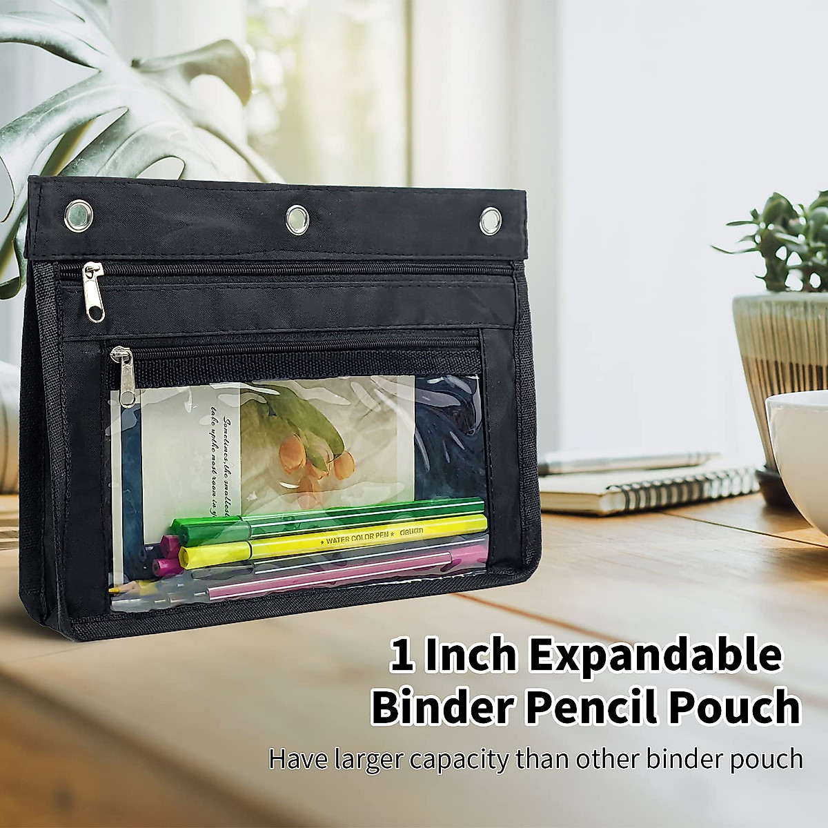 YoeeJob 2 Pack 1 Inch Expandable Zipper Pencil Pouches with Clear Window for 3 Ring Binder, Suitable for School & Office (Black)