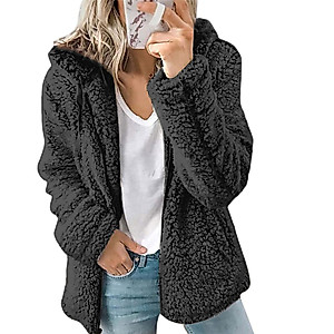Mayntop Women Furry Jacket Hooded Coat Plus Size Solid Color Polar Fleece Plain Shearling Sherpa Pocket Lambswool Zipper Outerwear(A Black,3XL)