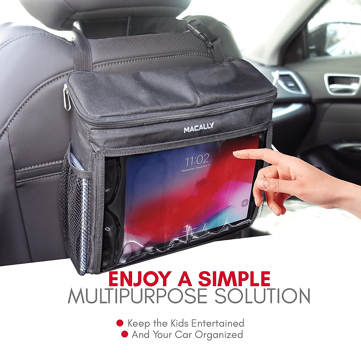 Macally Tablet Holder for Car Back Seat - A Must Have Organizer and Rear Facing Backseat iPad Holder for Kids on Long Drives - Hanger Case Compatible with Any Vehicle Headrest and Tablets up to 10.5”