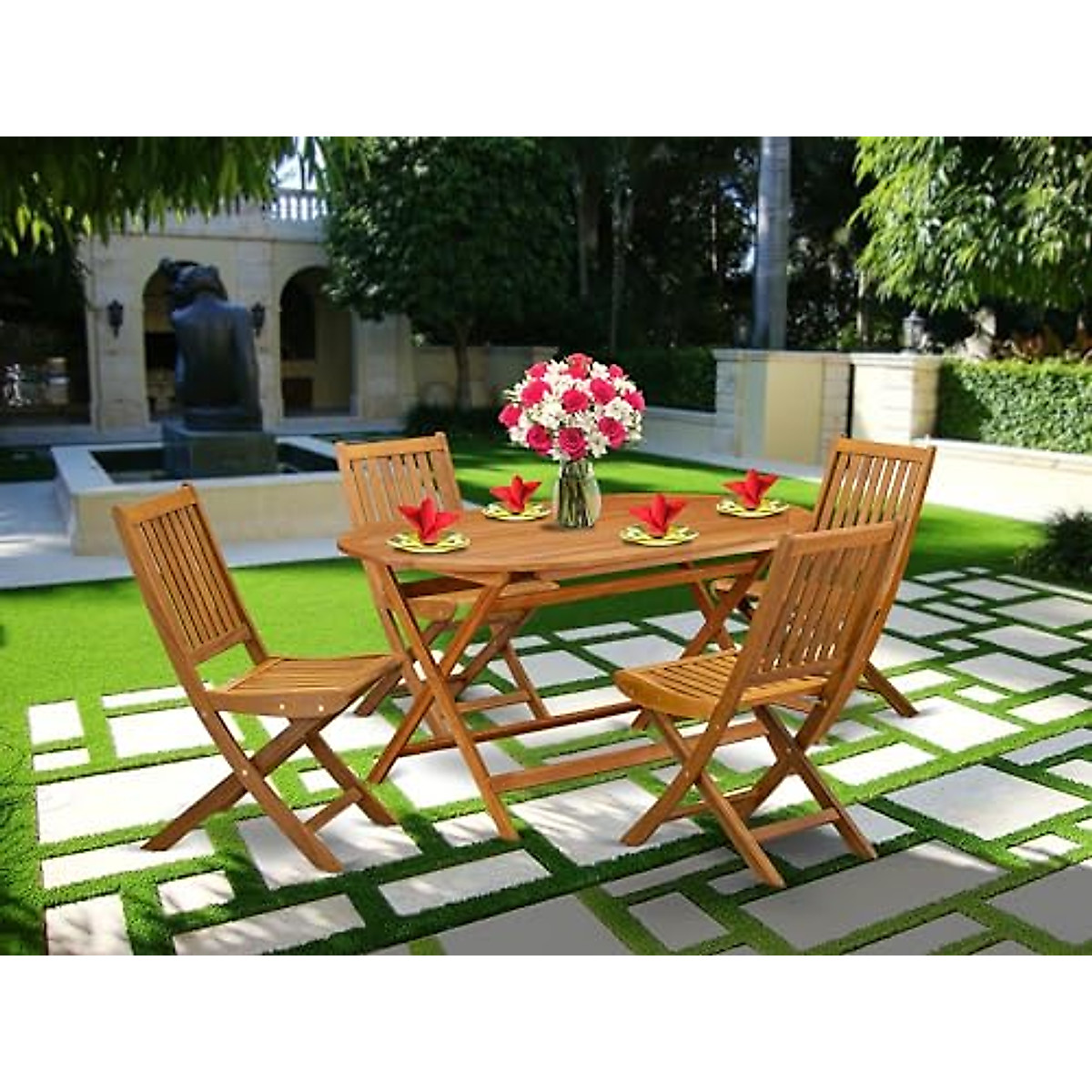 East West Furniture DIDK5CWNA 5 Piece Patio Garden Table Set Includes an Oval Outdoor Acacia Wood Dining Table and 4 Folding Side Chairs, 36x60 Inch, Natural Oil