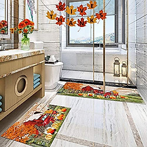 Z&L Home Kitchen Mat and Rug Set of 2 Thanksgiving Fall Farm Absorbent Bath Floor Mat Soft Non Slip Doormats Dwarfs with Pumpkins Retro Truck Wood Barn Plank Runner Carpets for Laundry Bedroom