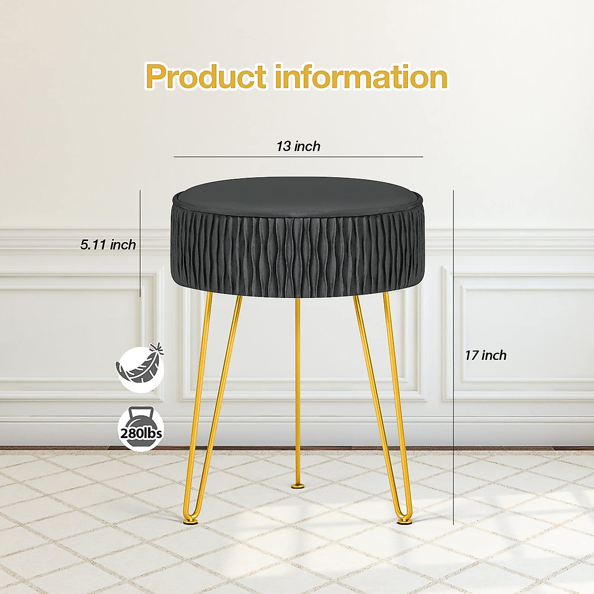 MOOWIND Vanity Stool for Makeup Room Bedroom, Modern Multifunctional Vanity Stools Chair Round Ottoman Velvet Upholstered Seated Foot Rest Dressing Stool with Golden Leg, Side Table End Table,Black