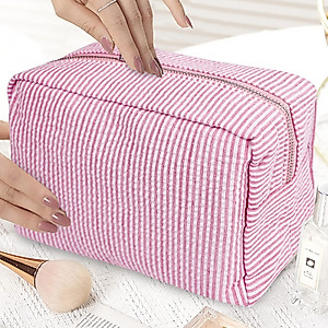 GFU Cosmetic Bag for Women, Large Makeup Bag, Travel Toiletry Stripe Cosmetic Bag, Seersucker Women Aesthetic Organizer Storage Pouch, Girls Handbags Purses (Pink)
