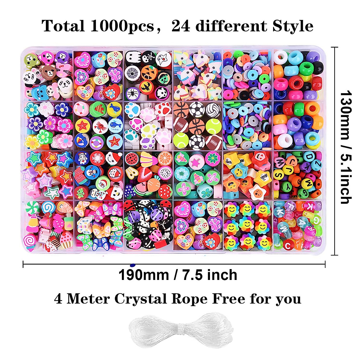 1000PCS Polymer Clay Beads Bracelet Making kit, 24 Style Cute Fun Beads Fruit Flower Animal Cake Butterfly Heart Beads Charms for Jewelry Necklace Earring Making DIY Accessories for Women Girls