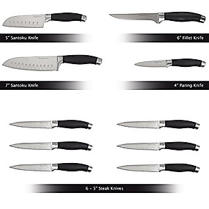 Professional Quality 15 Piece Stainless Knife Set with Shears Sharpener Chef Bread Santoku Filet Paring Steak Knives and Wood Block by Classic Cuisine