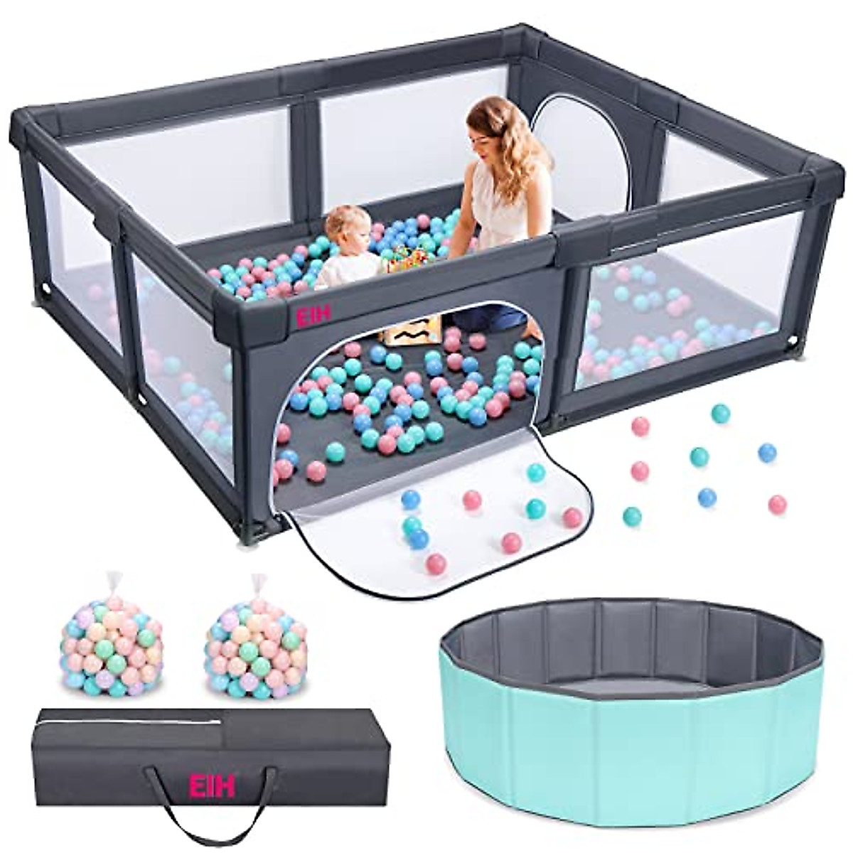 EIH 79 Inch x 59 Inch Large Baby Playpen with Ocean Ball Pit & 100PCS Balls Play Yard for Babies and Toddlers Indoor and Outdoor Kids Activity Center, Dark Grey