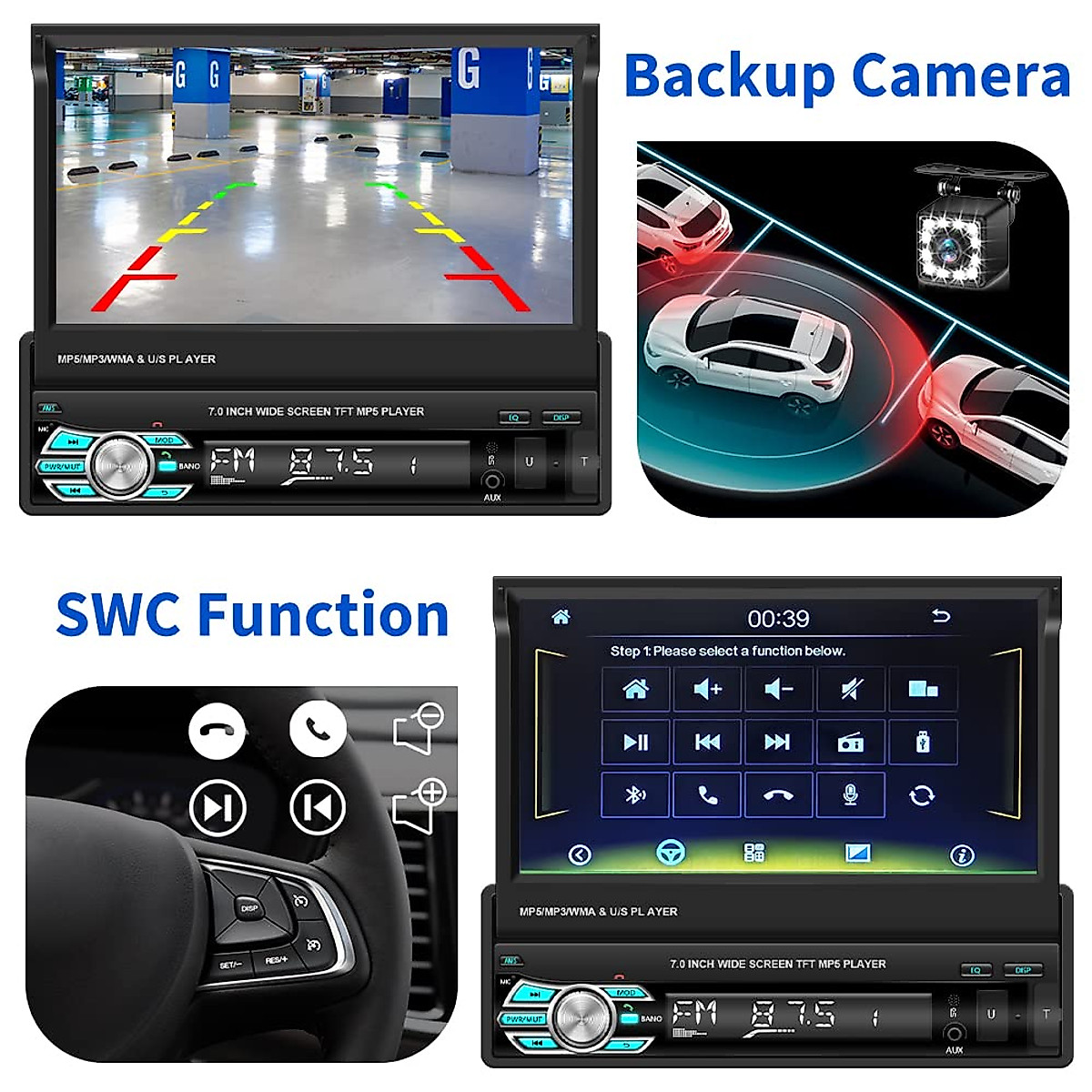 (Stable) Hikity Carplay Single Din Car Stereo, 7 Inch Flip Out Touch Screen Car Radio with Android Auto, Bluetooth, Mirror Link, Backup Camera, FM, USB, SWC, Voice Control Split Screen
